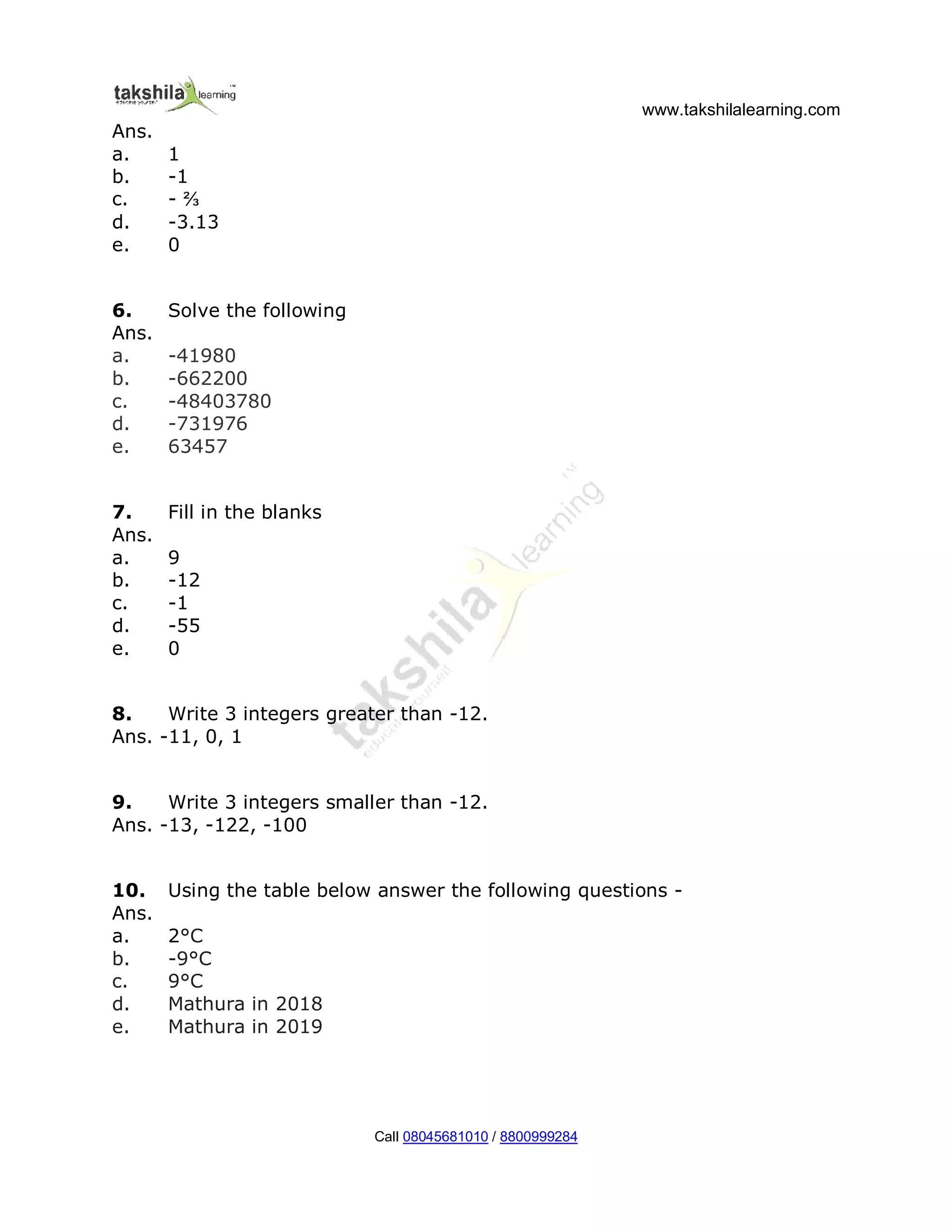 Integers Worksheet - NCERT Solutions Class 6 Maths | PDF