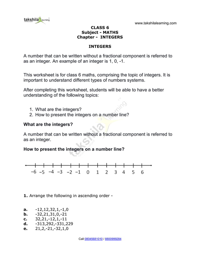 Integers Worksheet - NCERT Solutions Class 6 Maths | PDF | Physics | Science