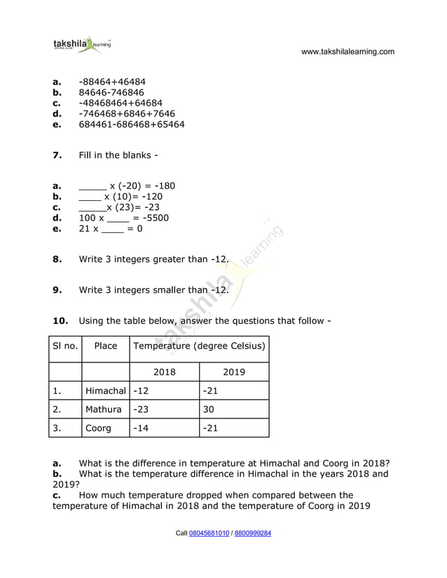 Integers Worksheet - NCERT Solutions Class 6 Maths | PDF | Physics ...