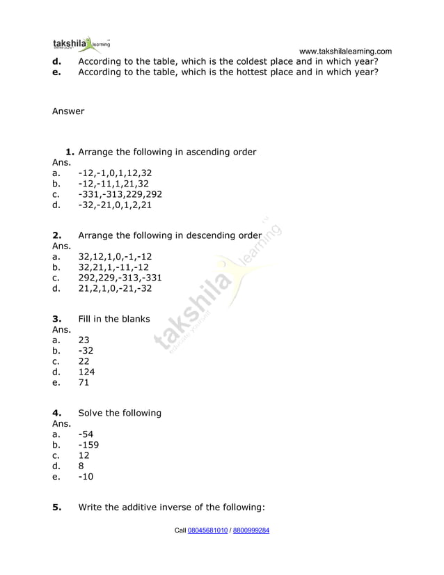 Integers Worksheet - NCERT Solutions Class 6 Maths | PDF | Physics ...