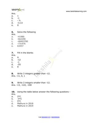 Integers Worksheet - NCERT Solutions Class 6 Maths | PDF