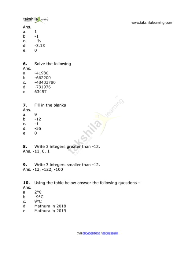 Integers Worksheet - NCERT Solutions Class 6 Maths | PDF | Physics ...