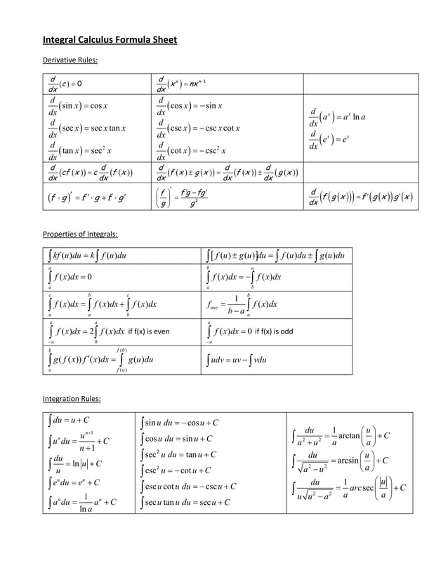 Integral calculus formula sheet | PDF