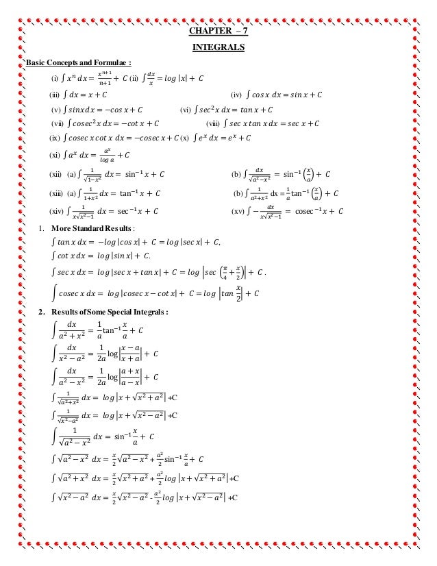 Integrals formula and short questions