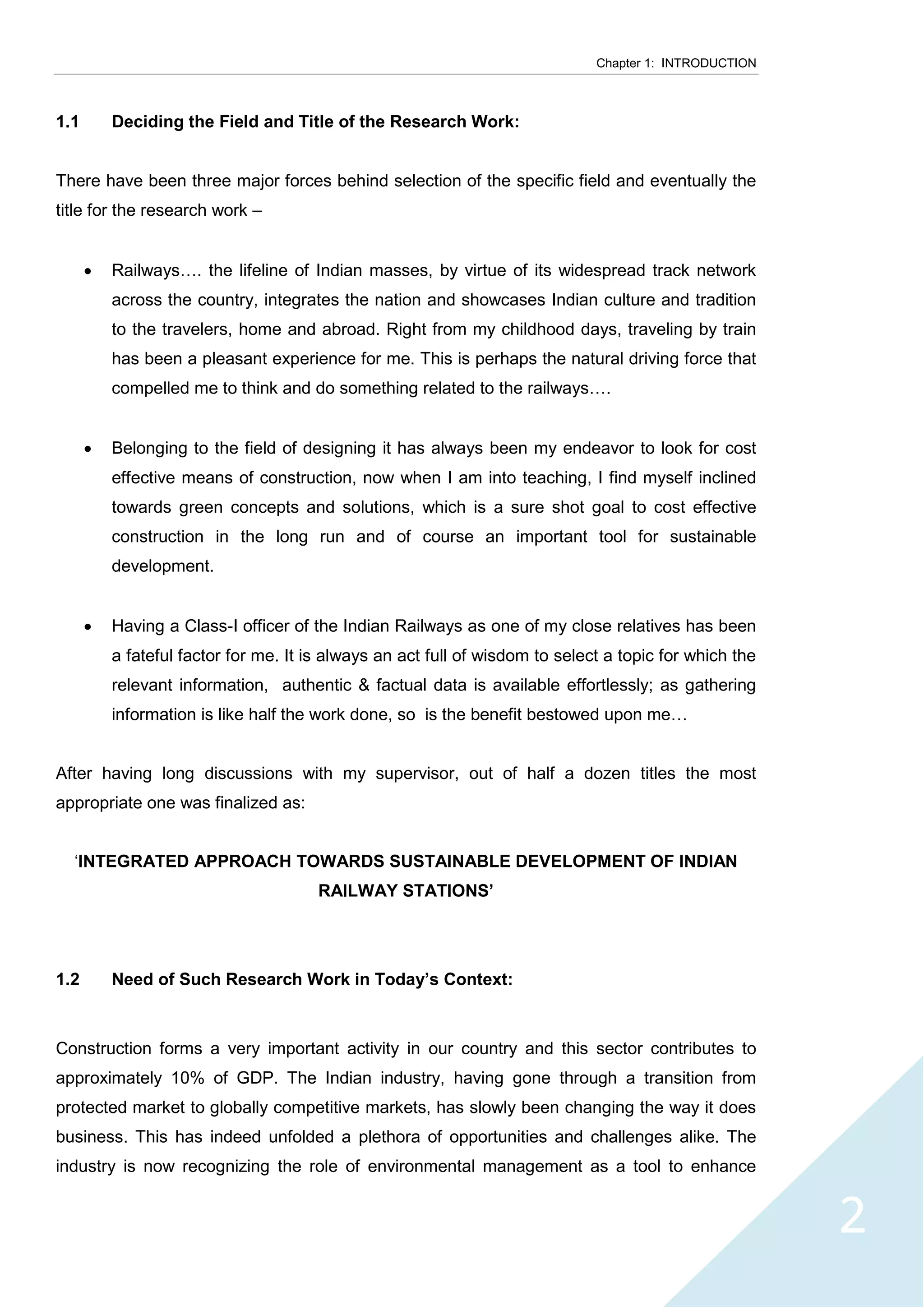 Integrated approach to sustainable development of indian railway ...
