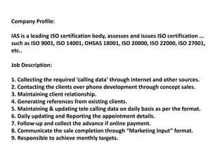 Integrated assessment service walk in for telemarketing executive | PPT