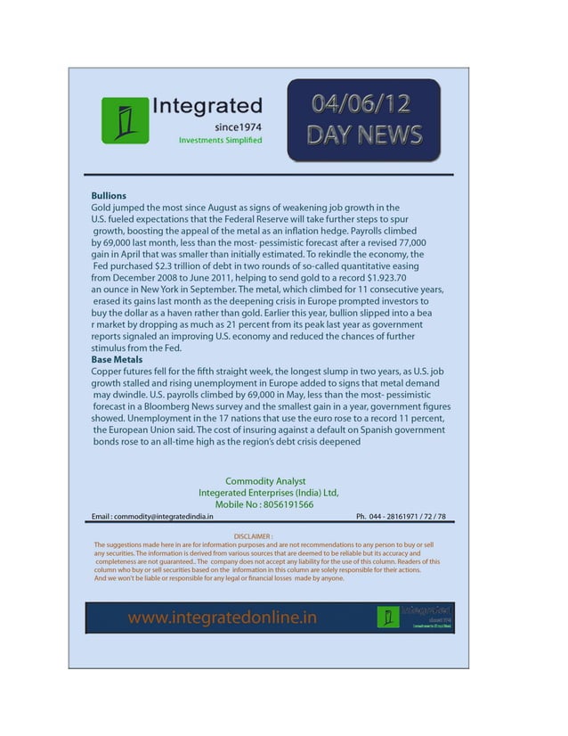 Integrated commodity daily research report 060412 | PDF | Commodities | Economy