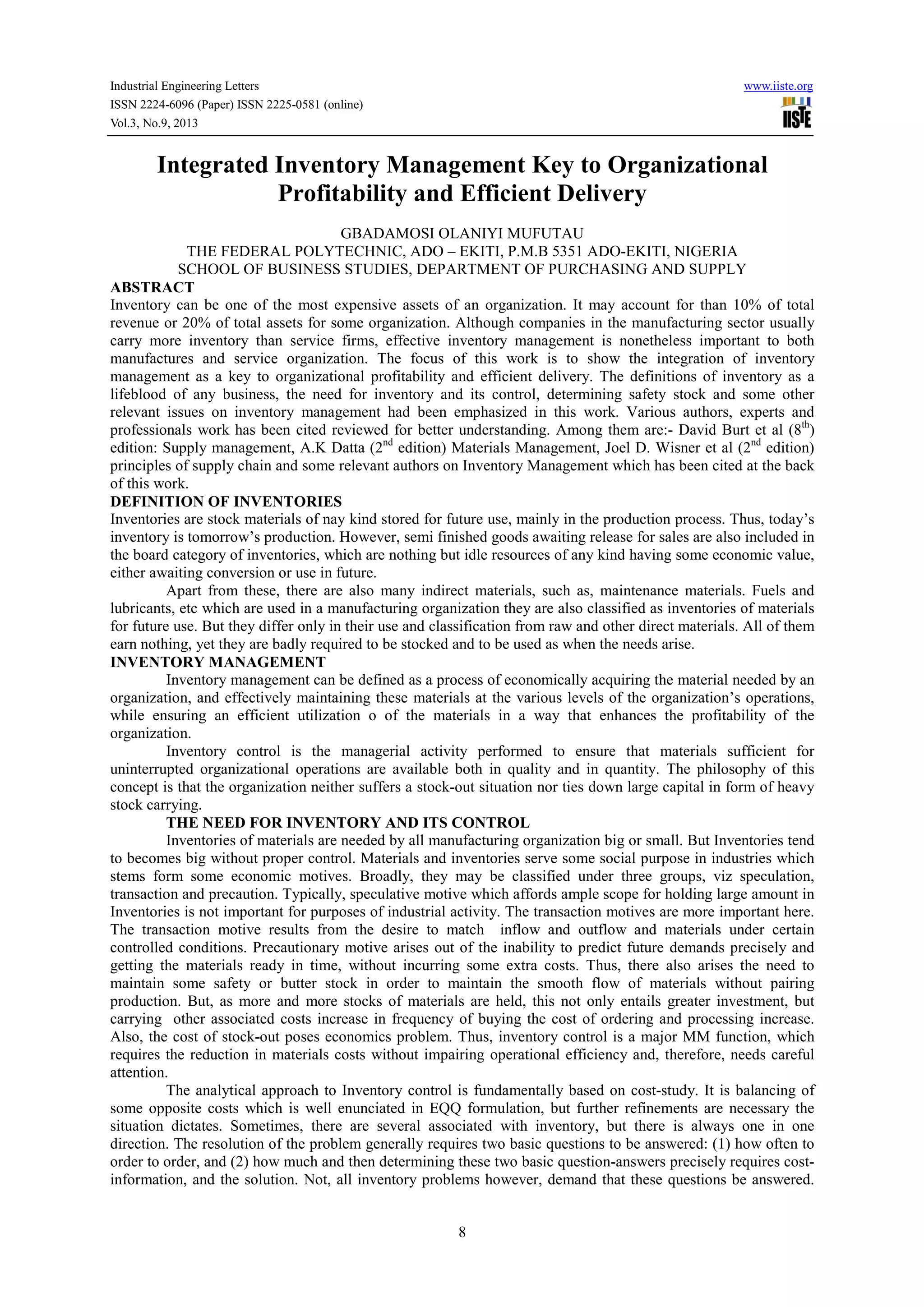 Integrated inventory management key to organizational profitability and ...