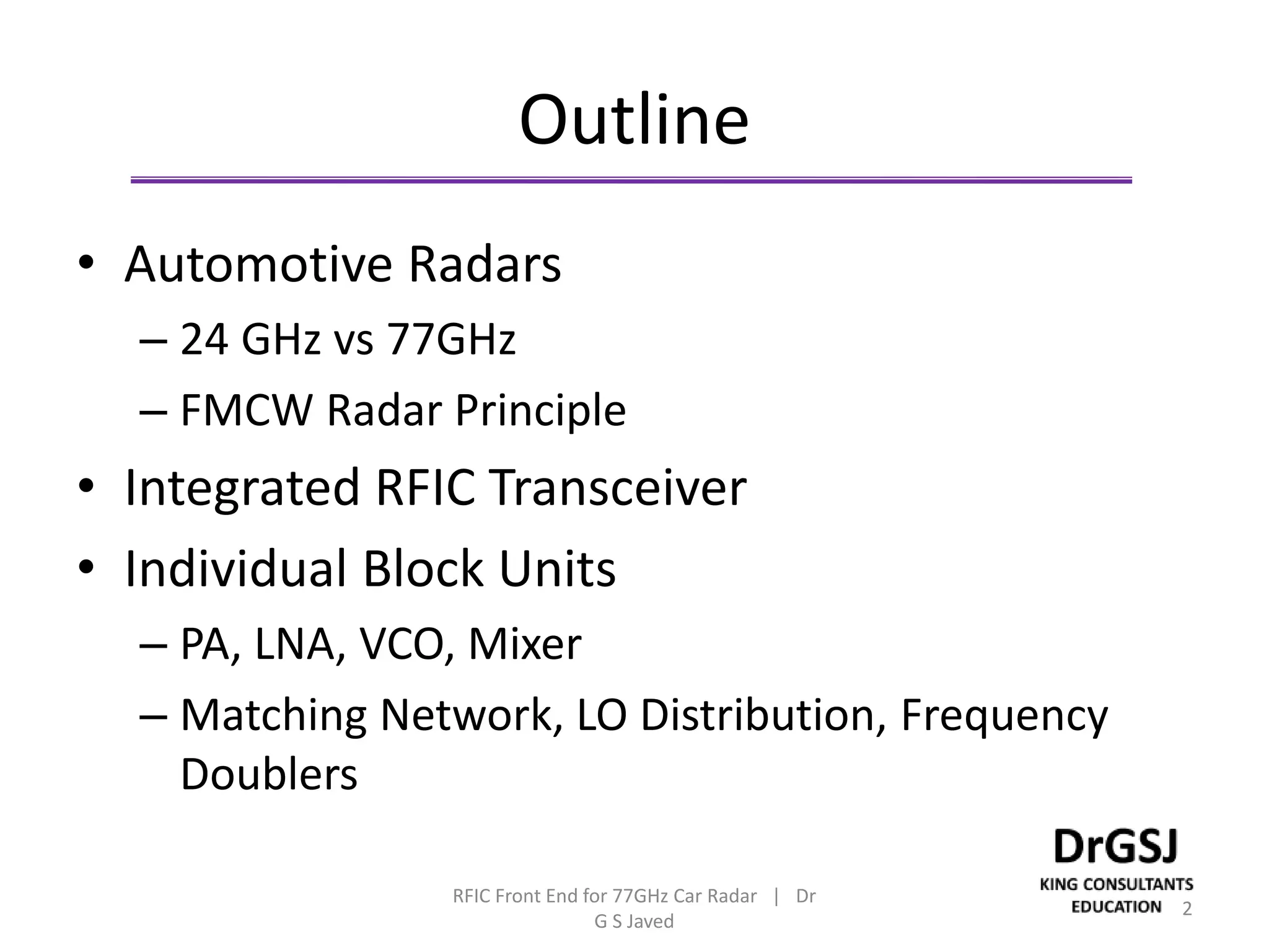 Integrated RFIC Front End Architecture for 77 GHz Car Radar | PPTX
