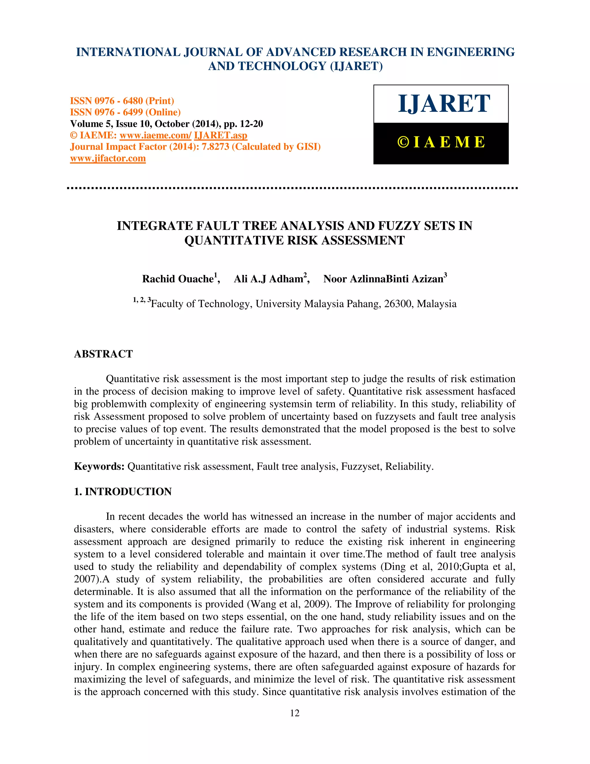 Integrate Fault Tree Analysis And Fuzzy Sets In Quantitative Risk Assessment Pdf
