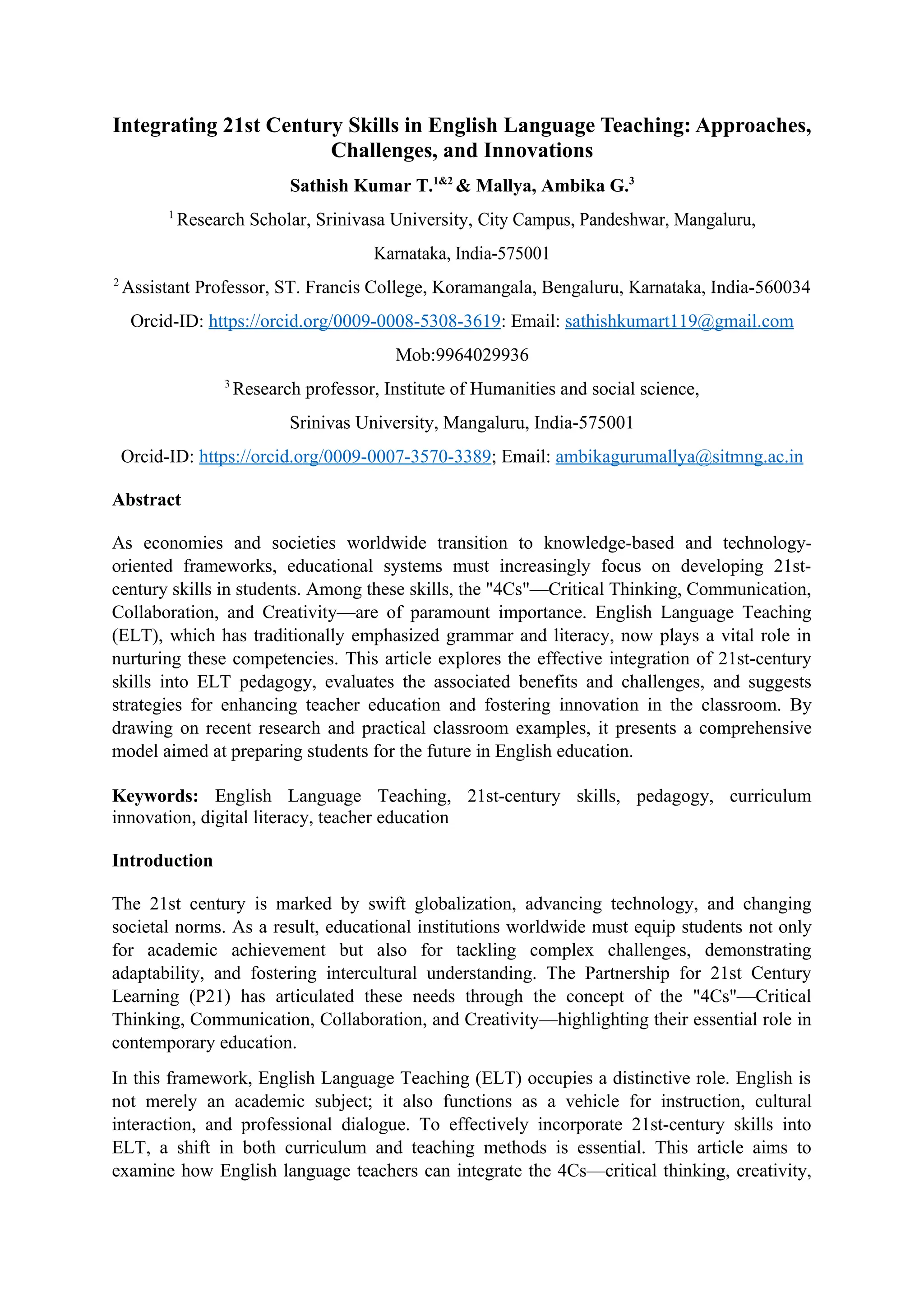 Integrating 21st Century Skills in English Language Teaching ...