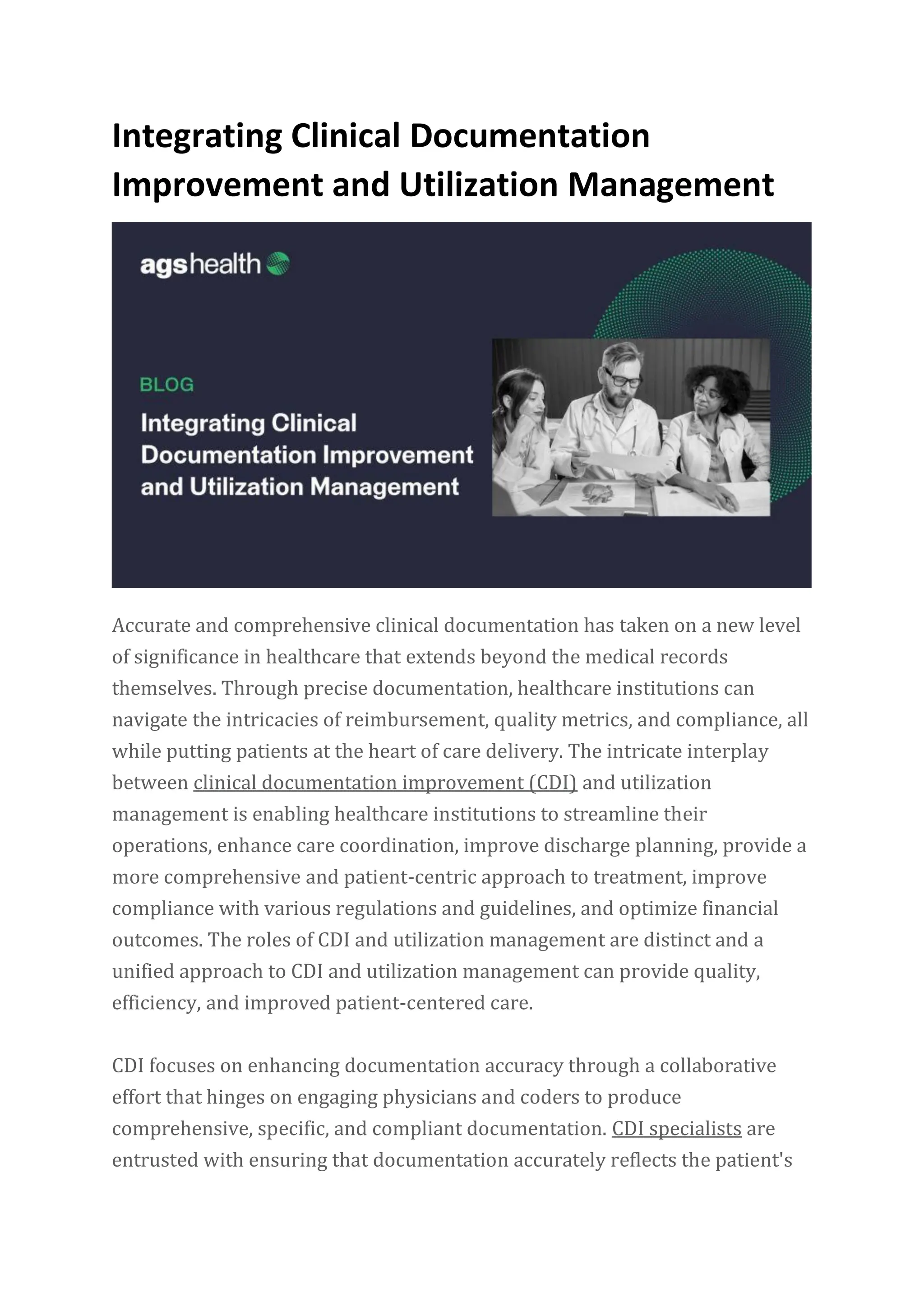 Integrating Clinical Documentation Improvement And Utilization