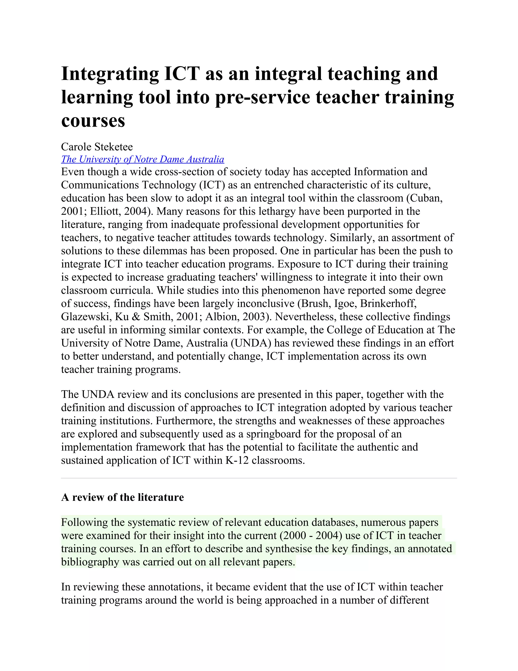 Integrating ict as an integral teaching and learning tool into pre | PDF