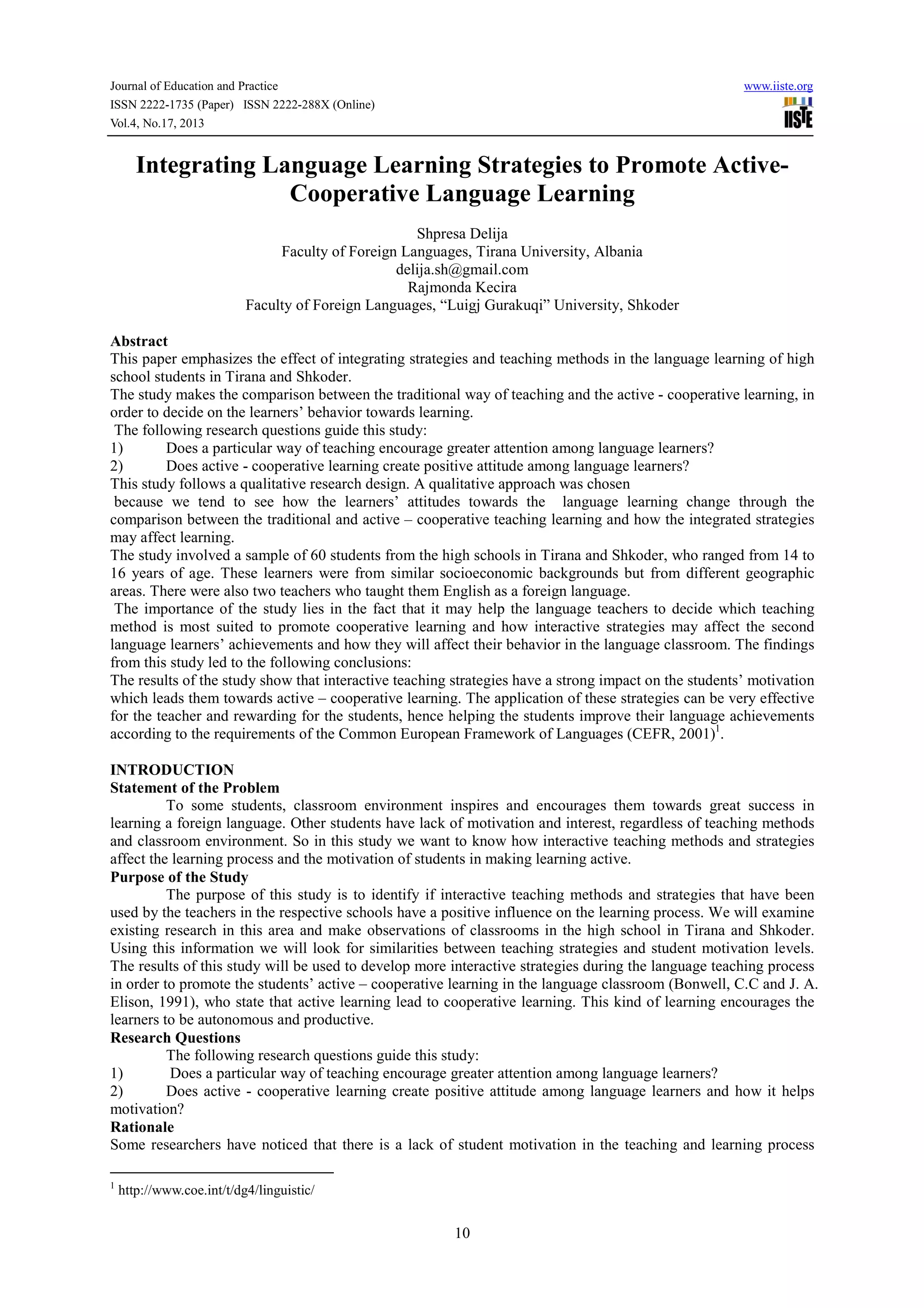 Integrating language learning strategies to promote active cooperative language learning | PDF