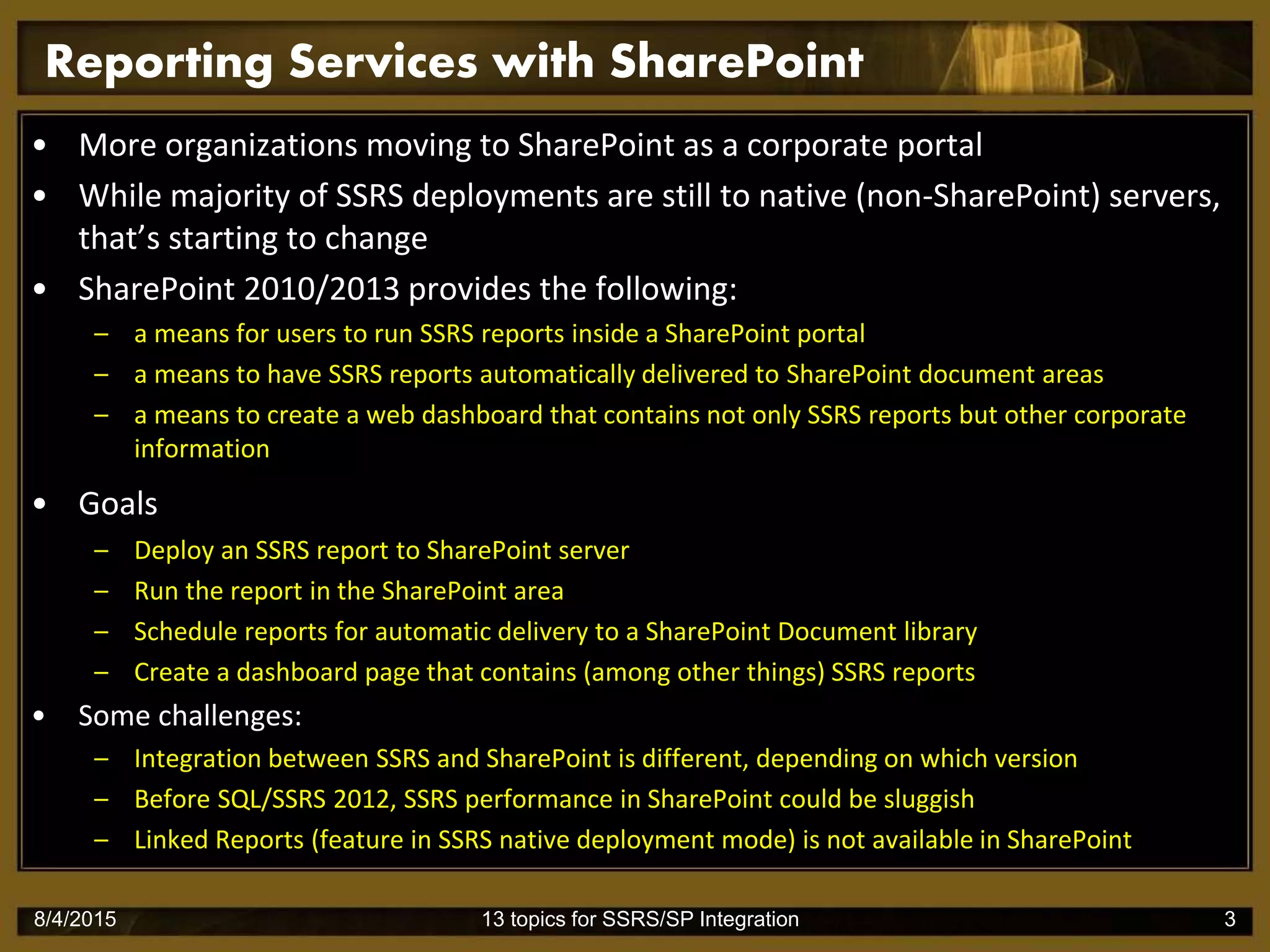 Integrating SSRS with SharePoint | PPTX | Databases | Computer Software and Applications