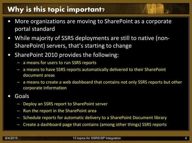 Integrating SSRS with SharePoint | PPTX | Databases | Computer Software and Applications