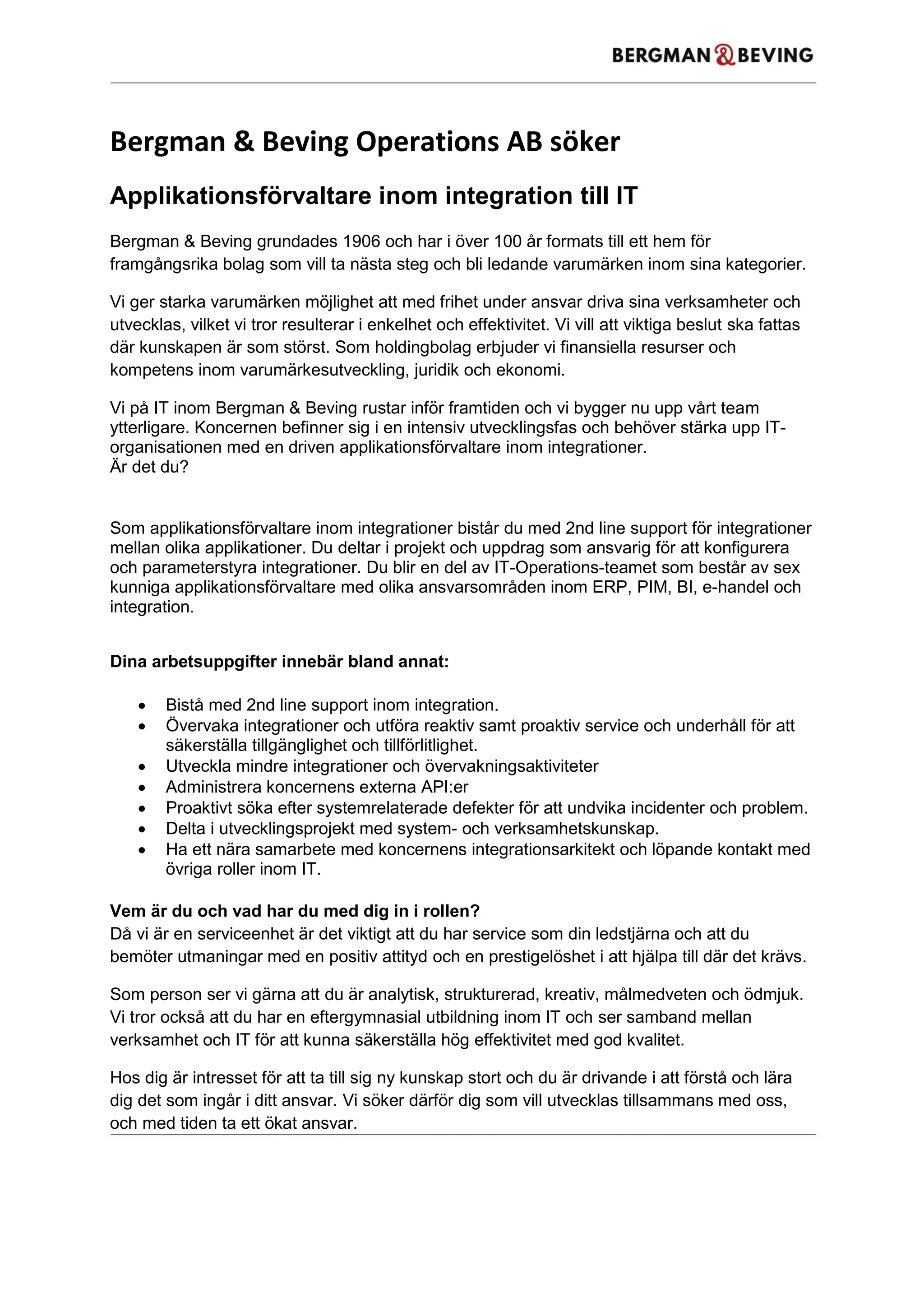 Bergman & Beving IT Applikationsförvaltare Integration | PDF