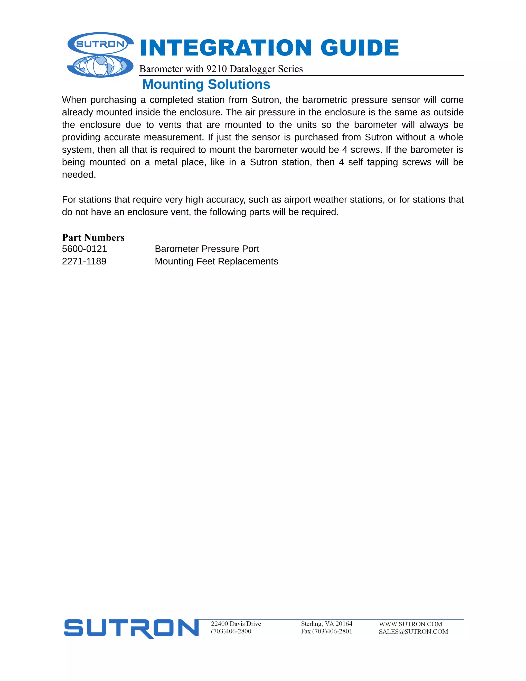 Integration guide accubar barometric pressure sensor manual | PDF