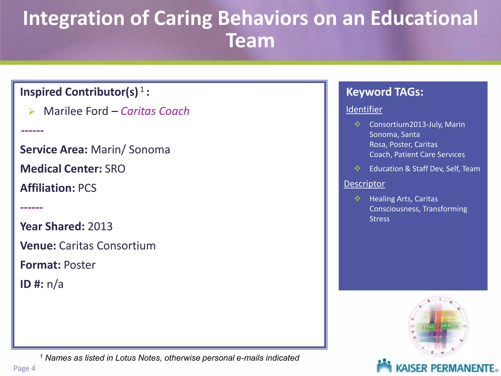 Integration of Caring Behaviors on an Educational Team | PPT