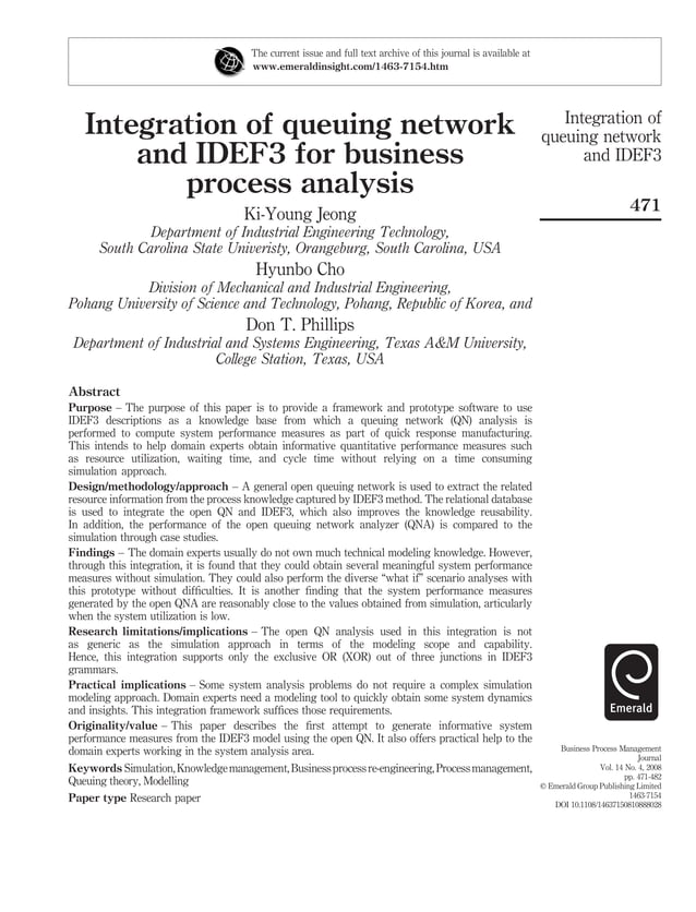 Integration of queuing network and idef3 for business process analysis | PDF