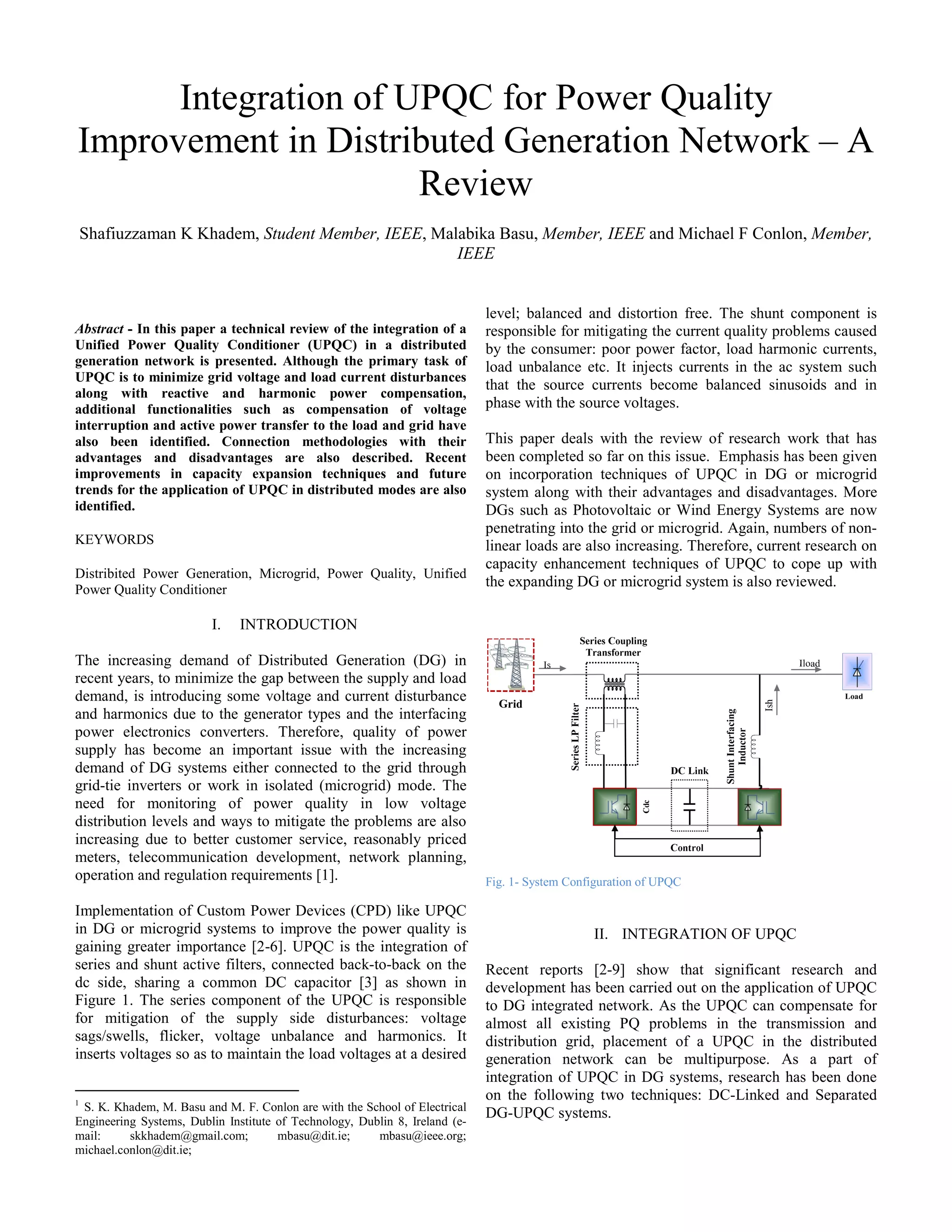 Integration of upqc for power quality improvement in distributed | PDF