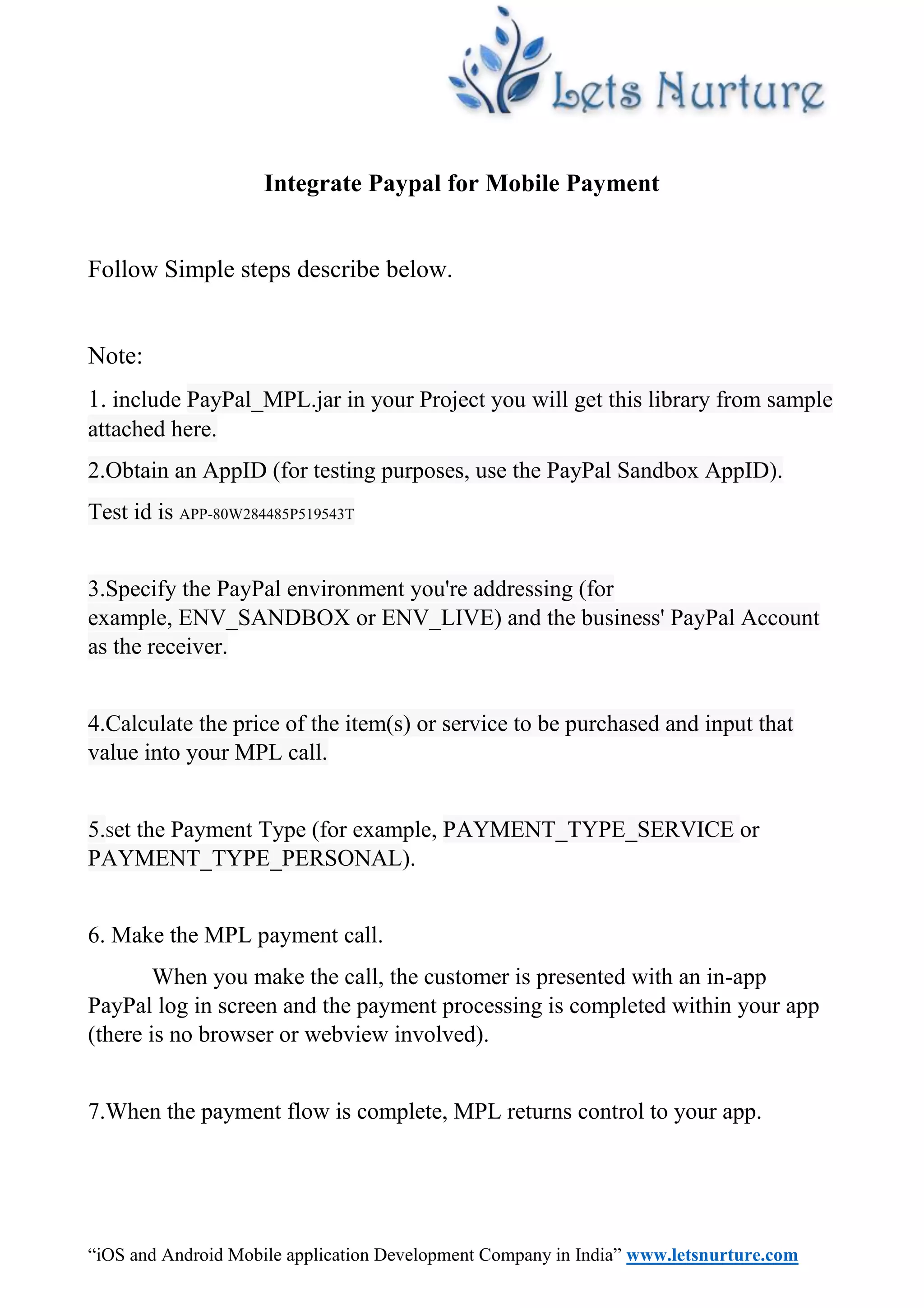 Paypal Integration For Android Application By LetsNurture | PDF