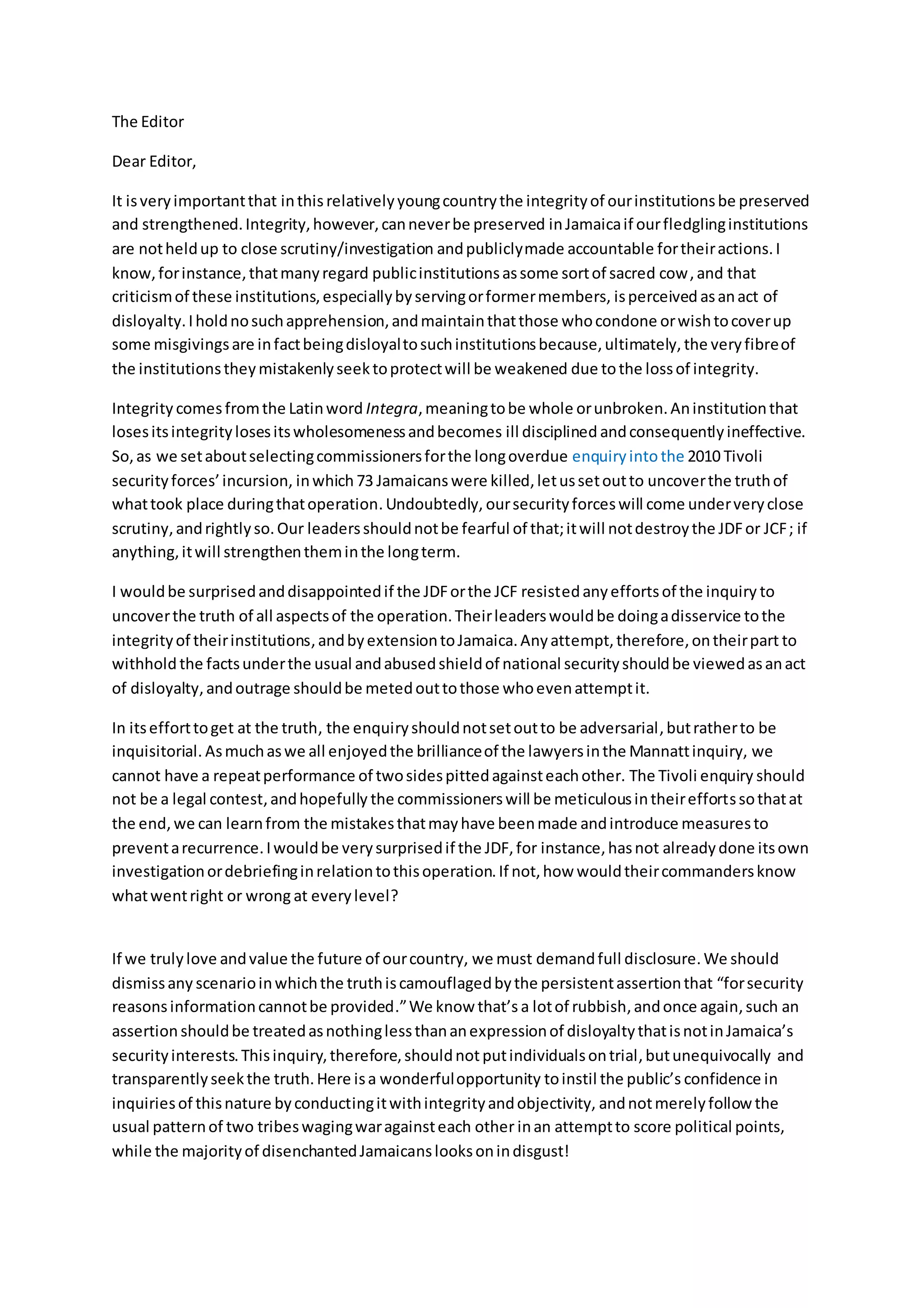 Integrity in Enquiries - Tivoli 2010 | PDF