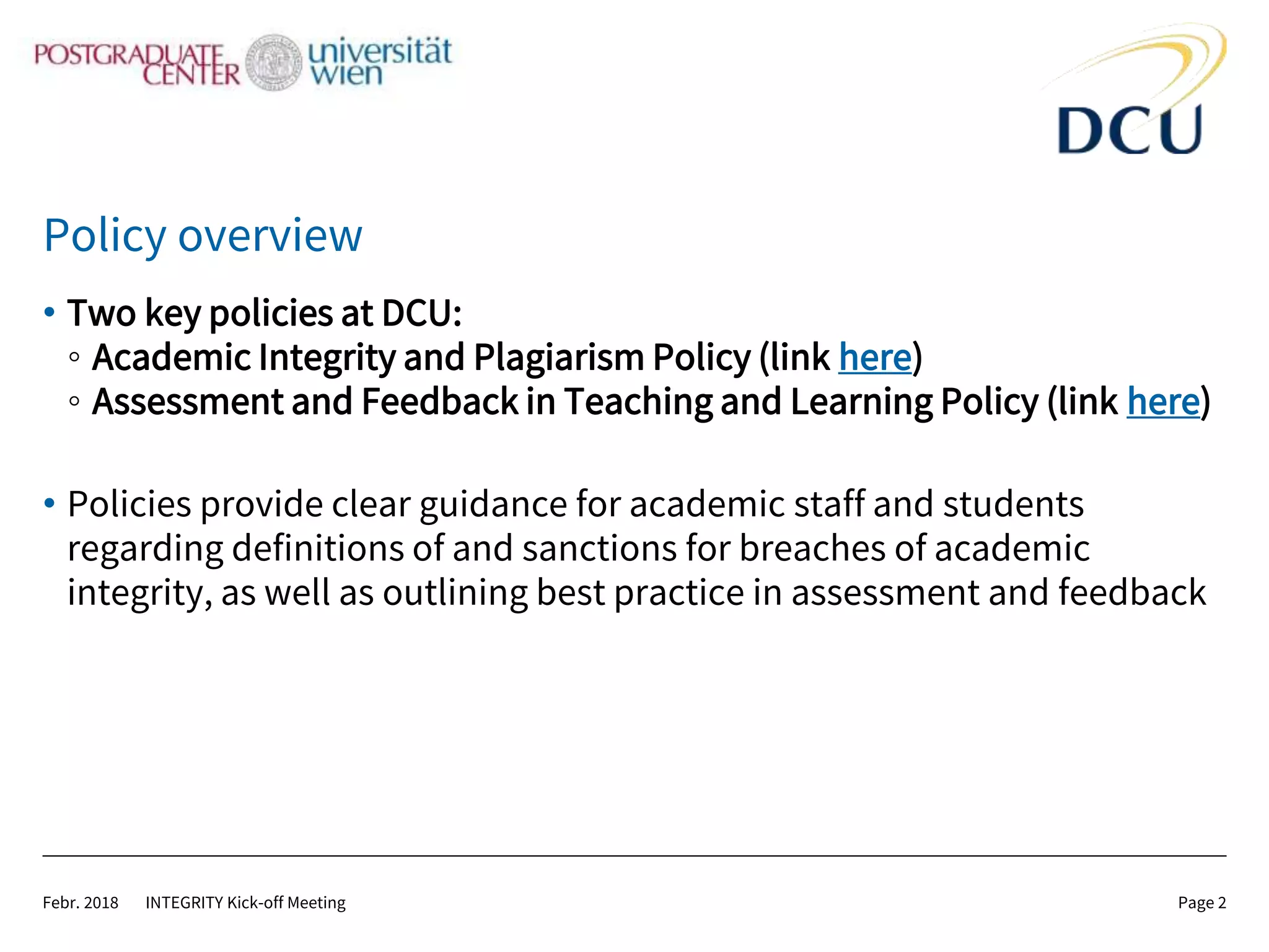 INTEGRITY Policy Presentations - DCU presentation.ppt | Undergraduate ...