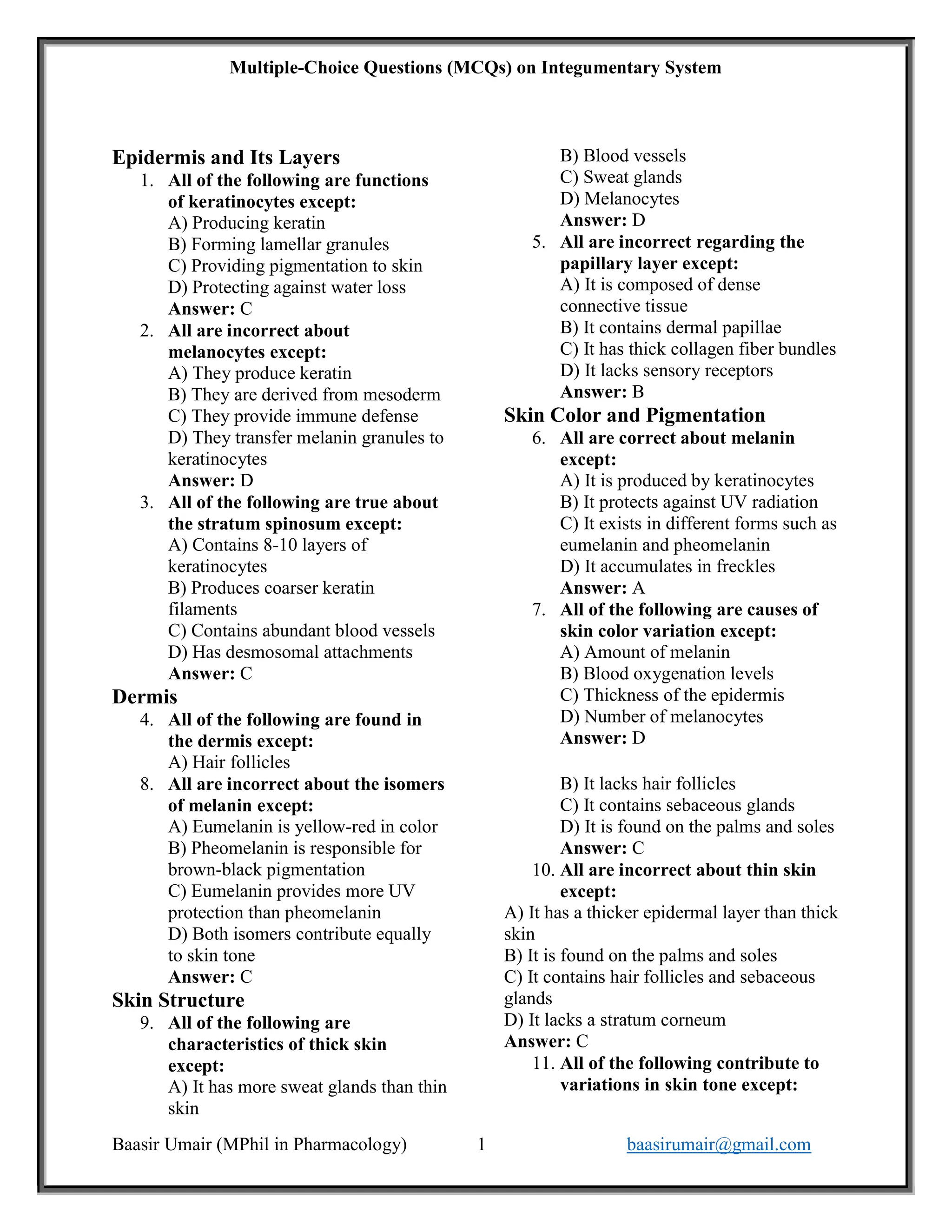Anatomy of the Integumentary System MCQs.pdf
