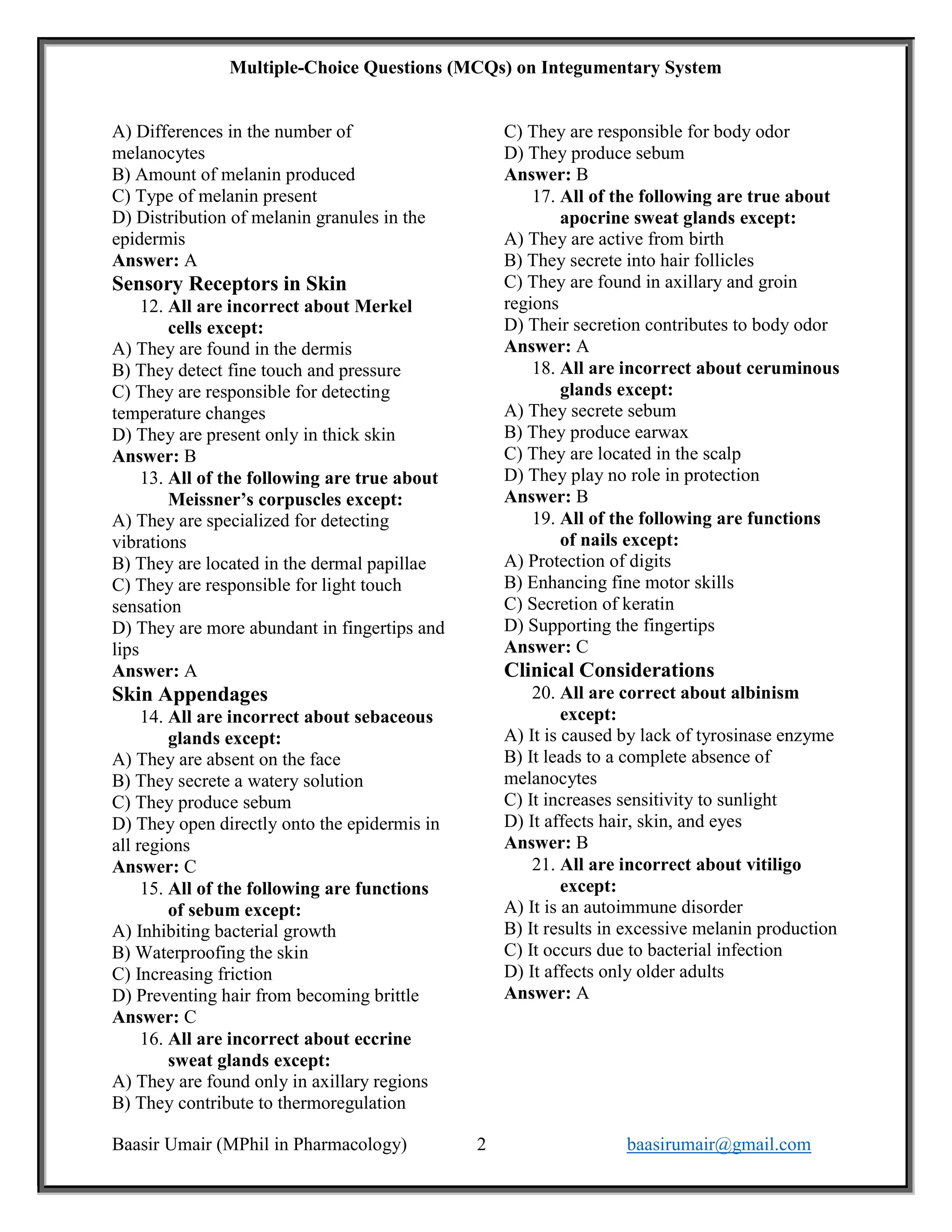 Anatomy Of The Integumentary System Mcqs Pdf