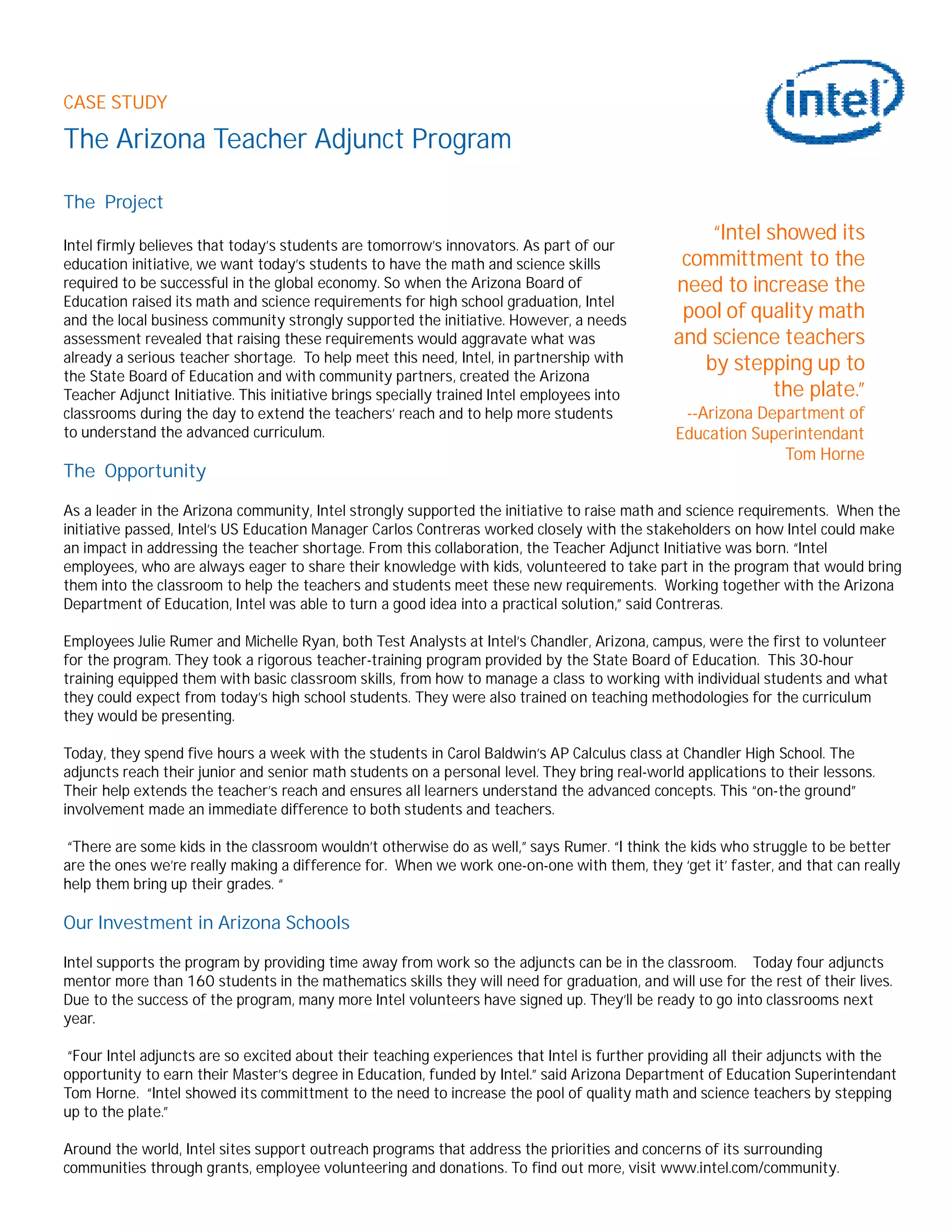 Intel Arizona Teacher Adjunct Case Study 2009 | PDF