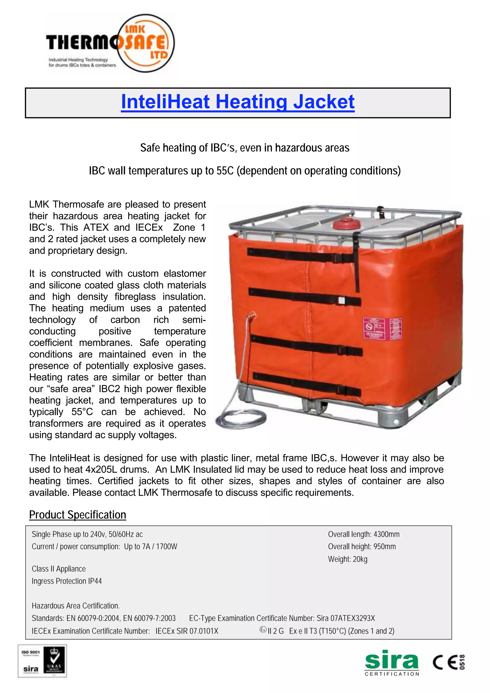 LMK Thermosafe Inteliheat IBC Atex Heating Jacket Spec Sheet | PDF