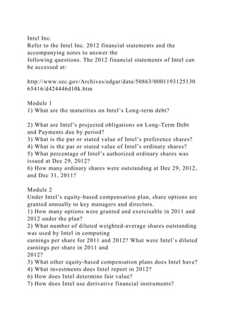 Intel Inc.Refer to the Intel Inc. 2012 financial statements and th.docx