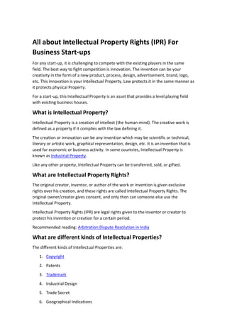 All about Intellectual Property Rights (IPR) For Business Start-ups | PDF