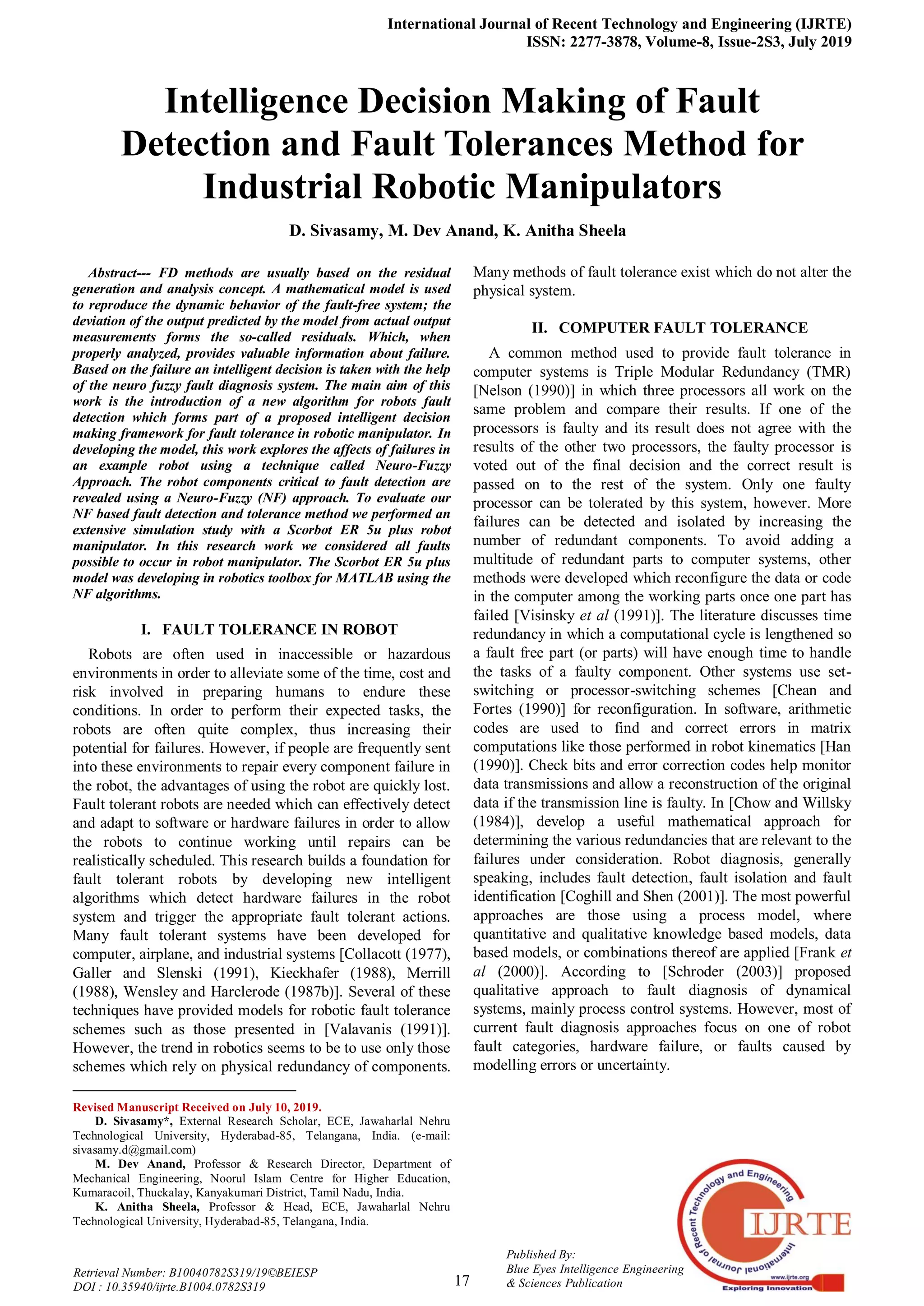 Intelligence Decision Making Of Fault Detection And Fault Tolerances Method For Industrial