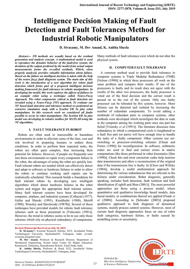 Intelligence decision making of fault detection and fault tolerances method for industrial ...