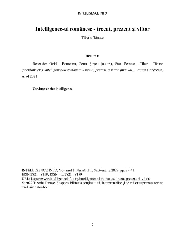 Intelligence-ul românesc – trecut, prezent și viitor | PDF