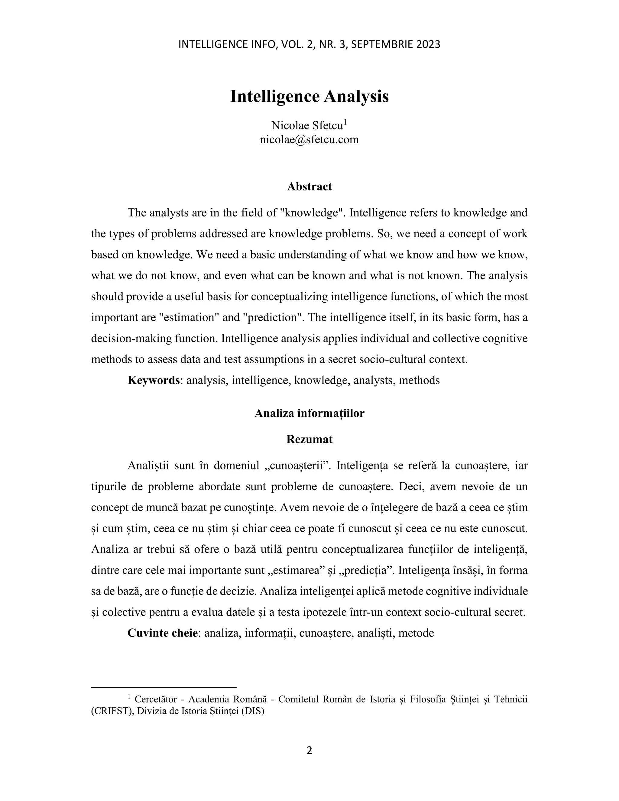 Intelligence Analysis - Intelligence Info, Volumul 2, Numărul 3 | PDF