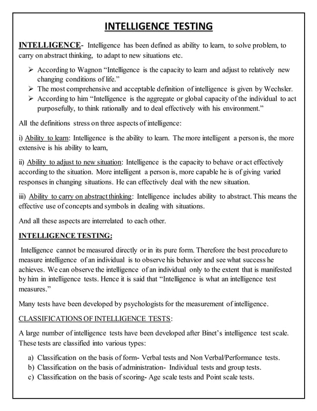Intelligence Testing-Intelligence- Definition, Aspects,Ckassification ...