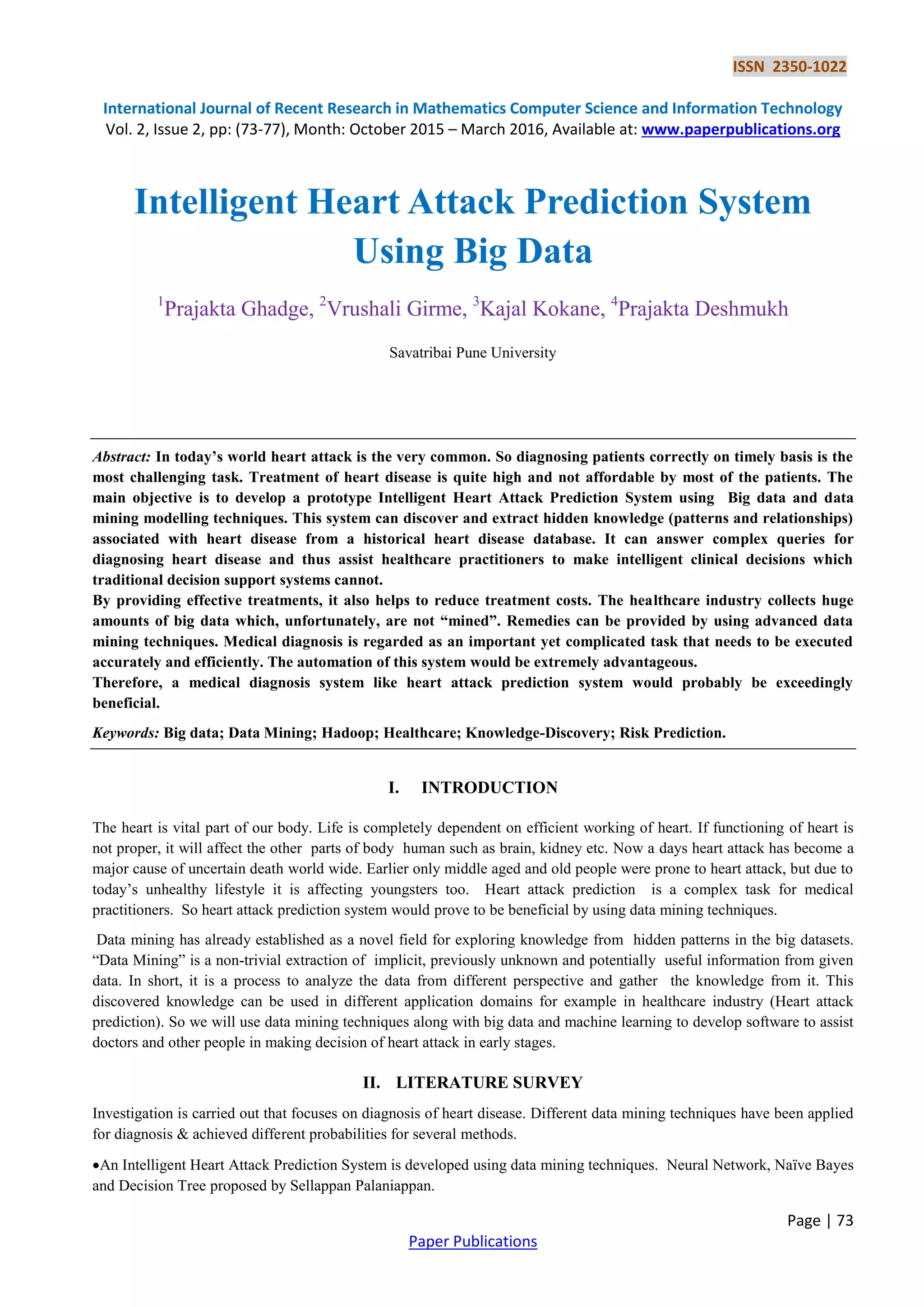 Intelligent Heart Attack Prediction System Using Big Data | PDF