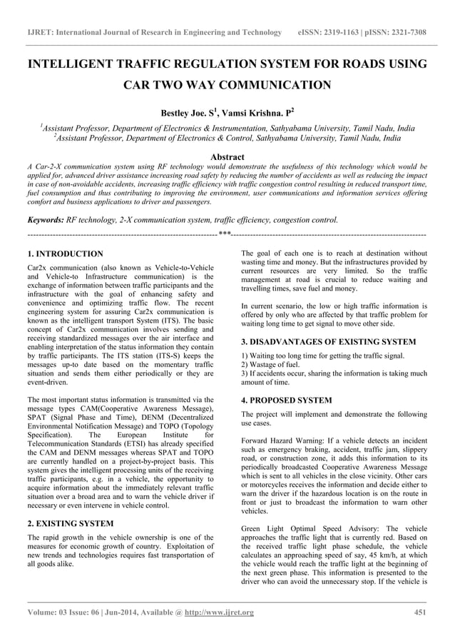 Intelligent traffic regulation system for roads using car two way ...