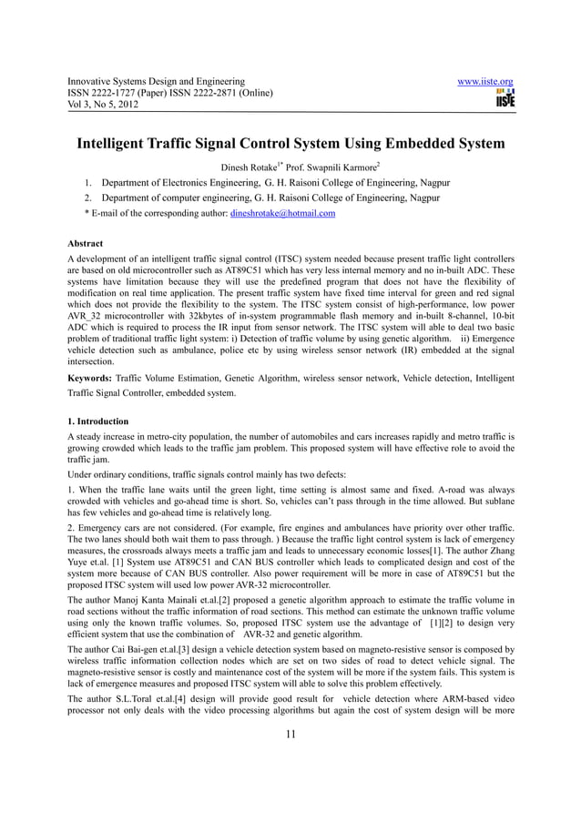 Intelligent traffic signal control system using embedded system | PDF