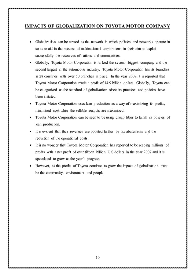 International business assignment on Globalization of Toyota (For BBA/B ...