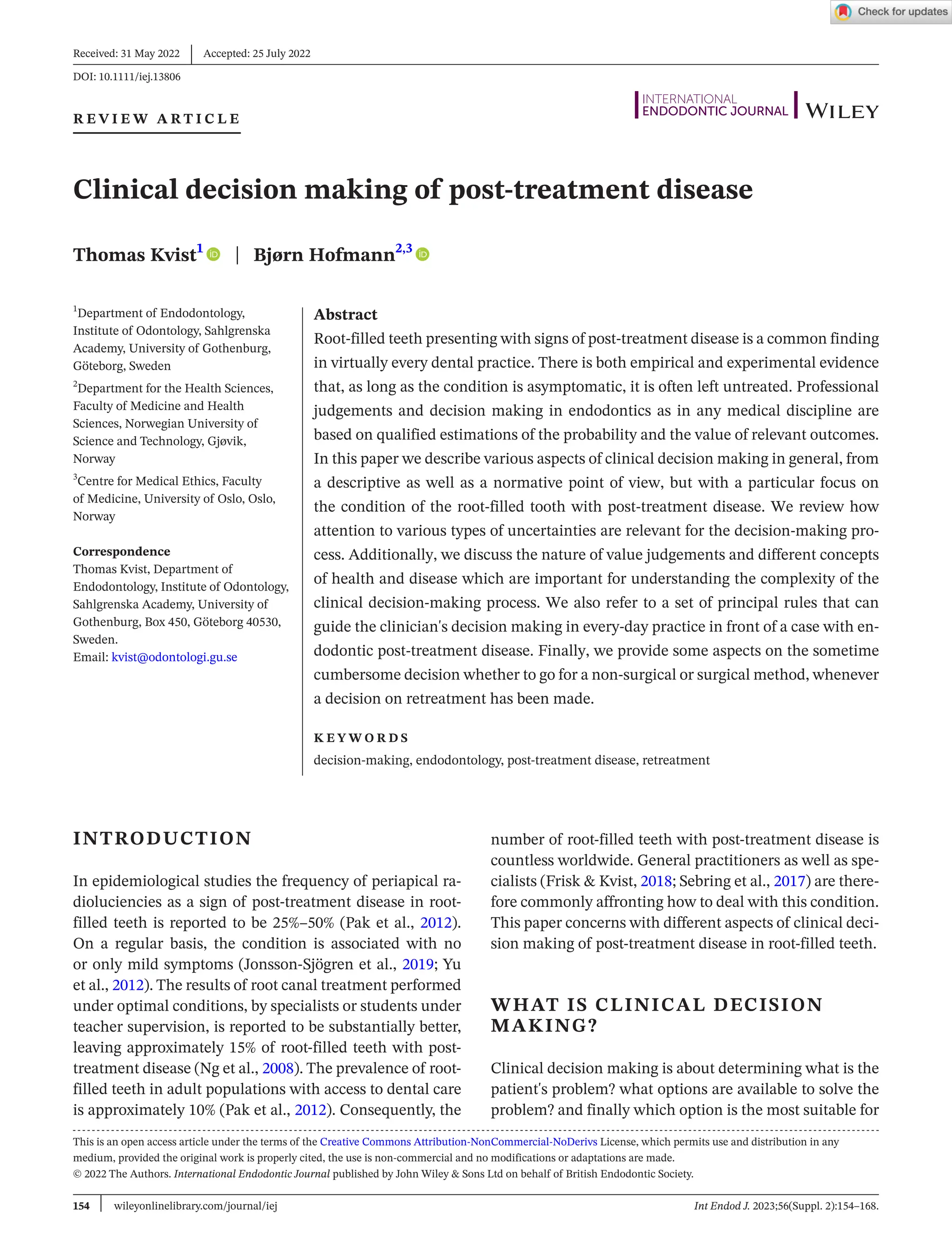 Int Endodontic J - 2022 - Kvist - Clinical decision making of post ...