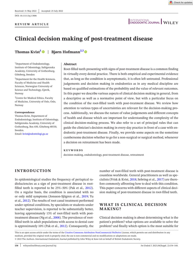 Int Endodontic J - 2022 - Kvist - Clinical decision making of post ...