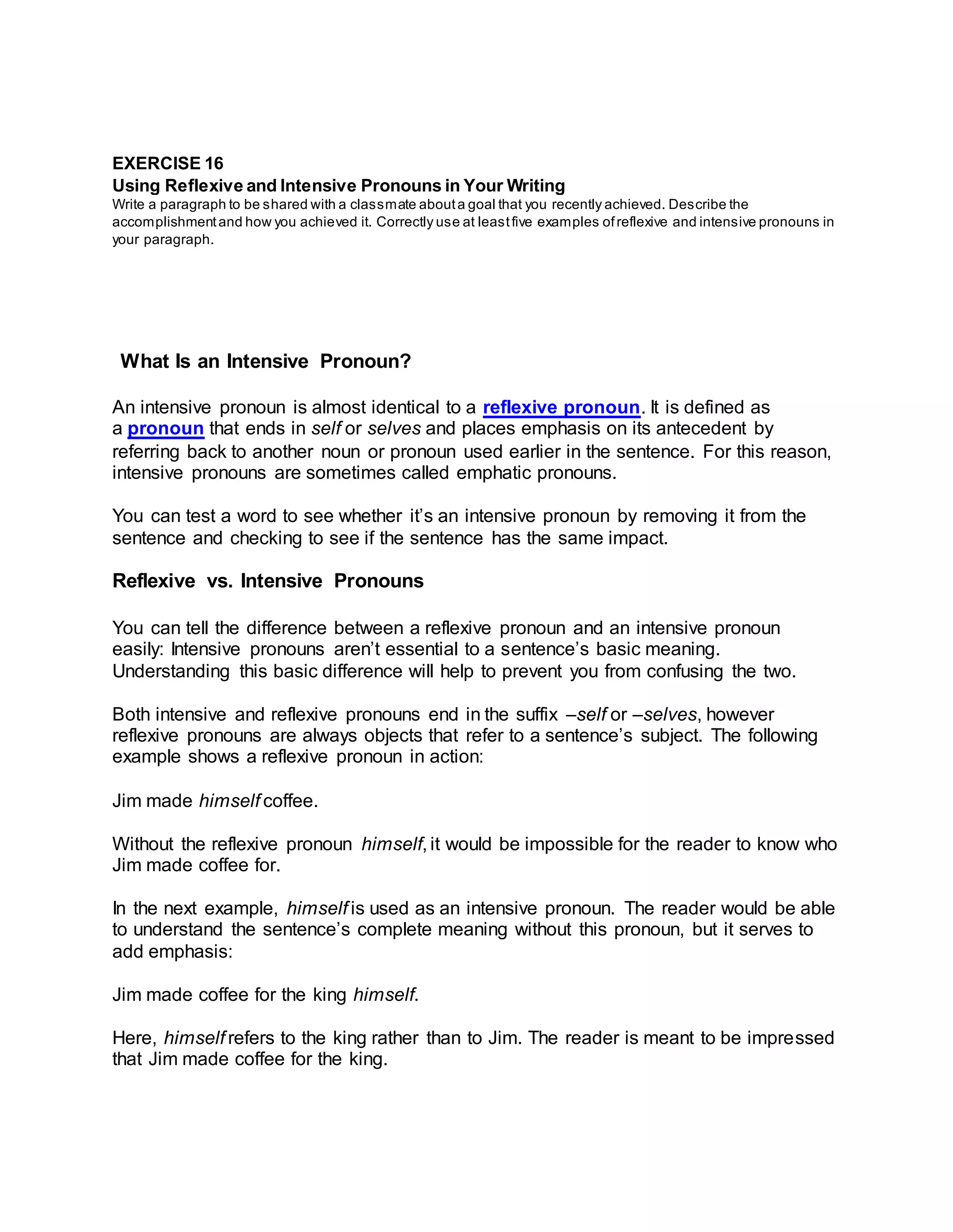 Intensive and reflexive pronoun exercises | DOCX | Food & Drink