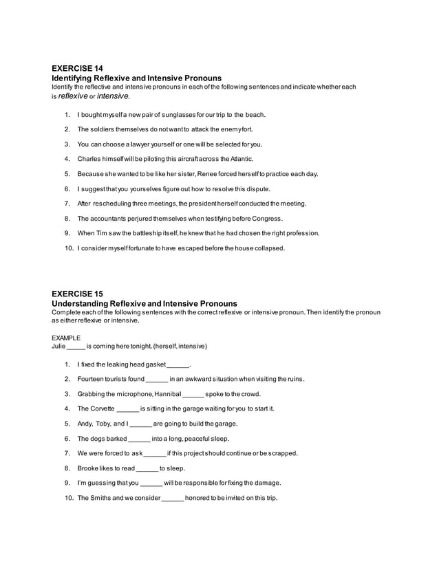 Intensive and reflexive pronoun exercises | DOCX | Food & Drink