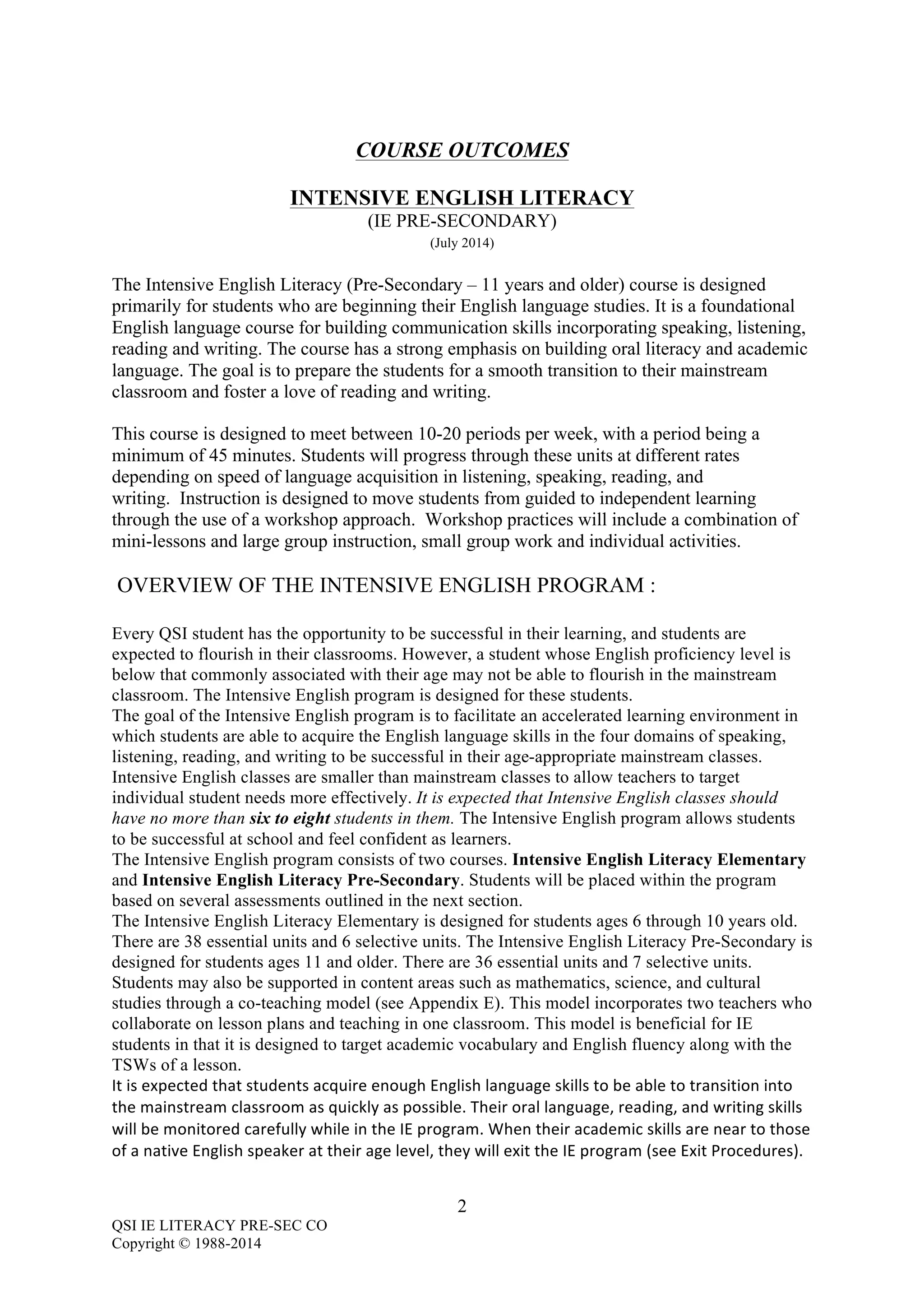 Intensive English Curriculum - Pre-Secondary | PDF