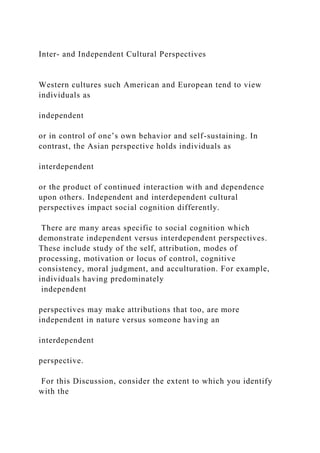 Inter- and Independent Cultural PerspectivesWestern cultures s.docx