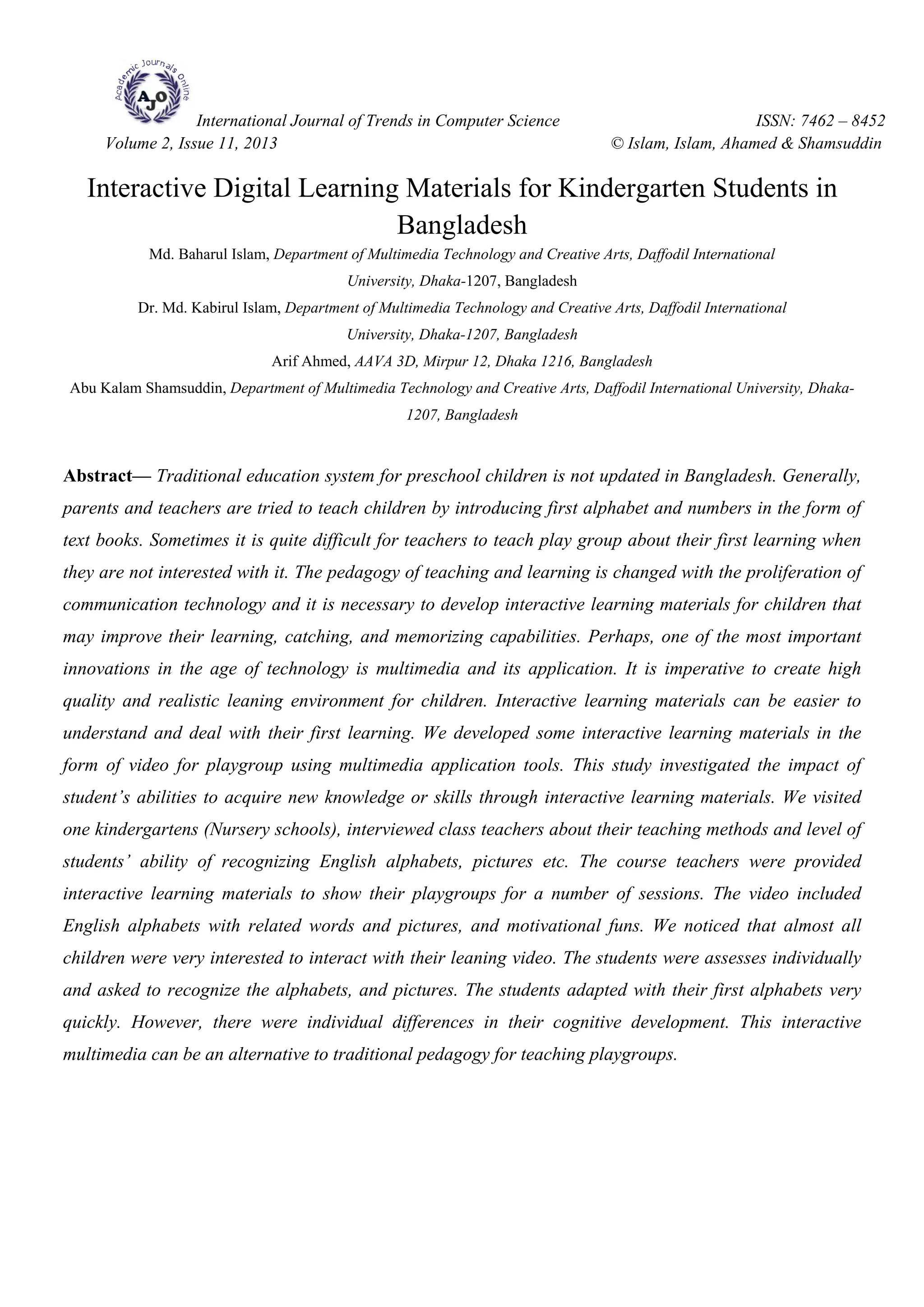 Interactive digital learning materials for kindergarten students in bangladesh by md. baharul ...